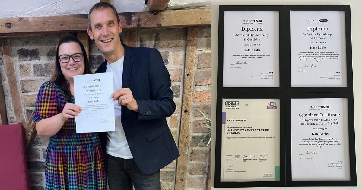Diplomas, certificates and happy clients - Kate Banks